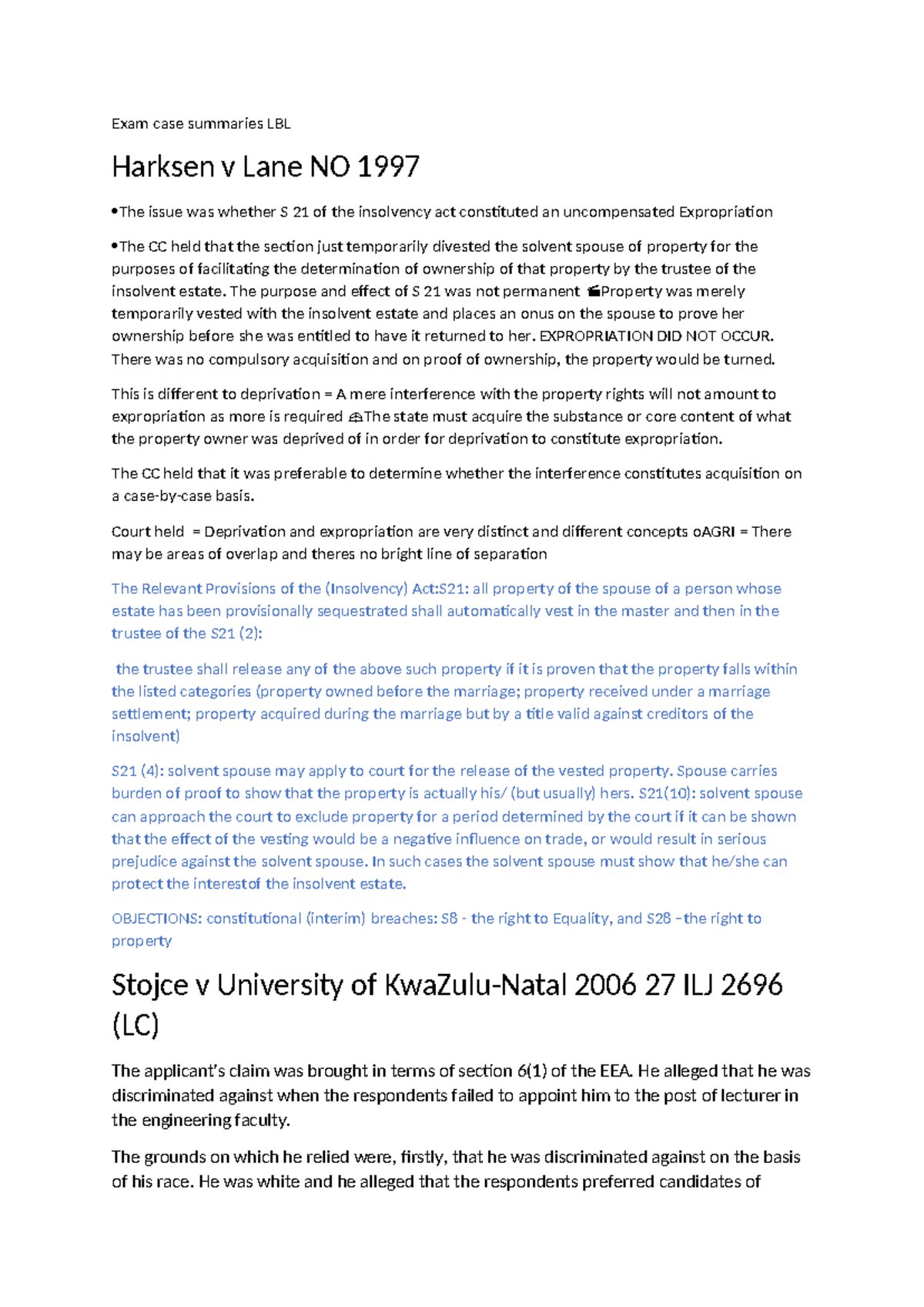 case summaries LBL - Exam case summaries LBL Harksen v Lane NO 1997 The ...