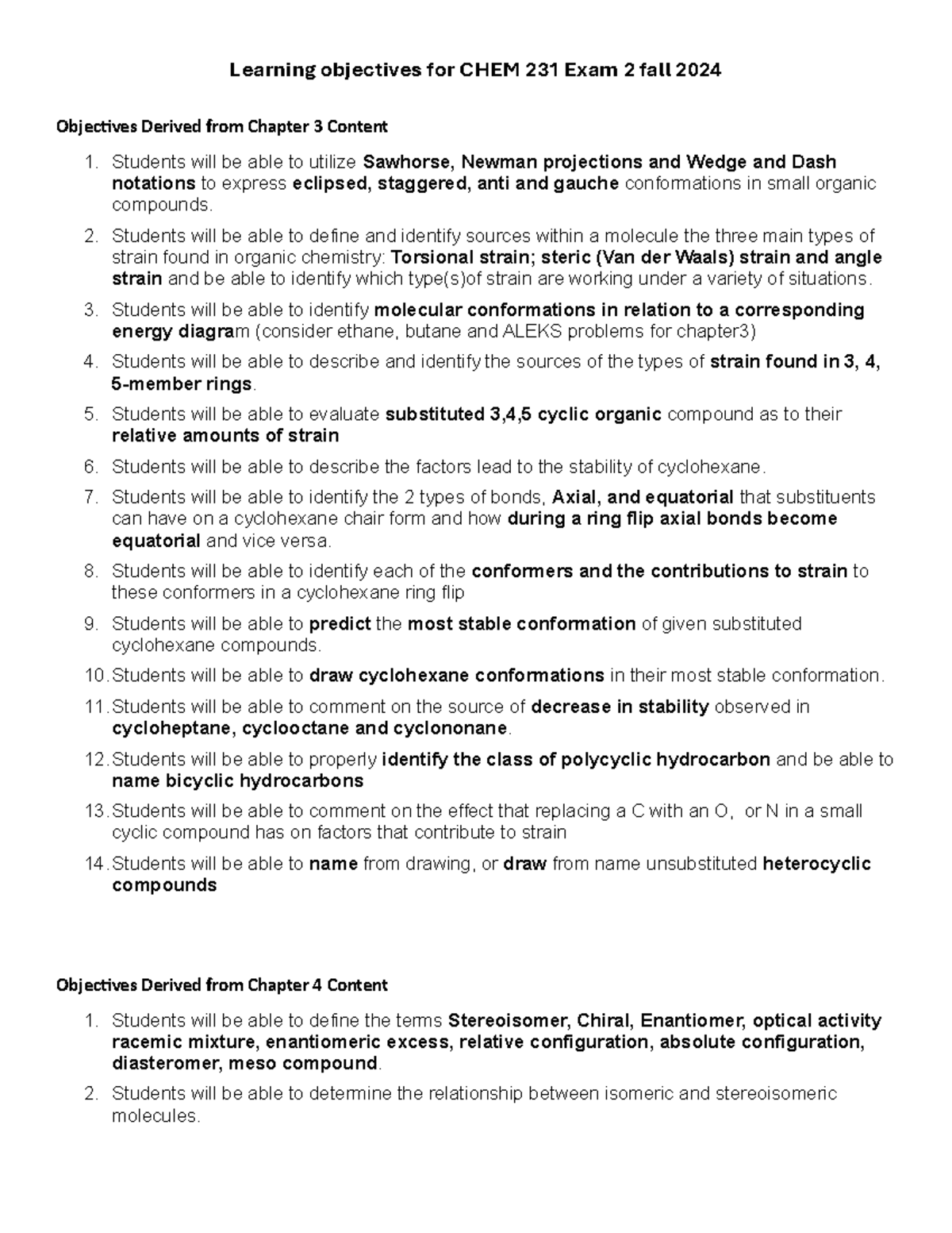 Learning objectives for CHEM 231 Exam 2 fall 2024 - Learning objectives ...