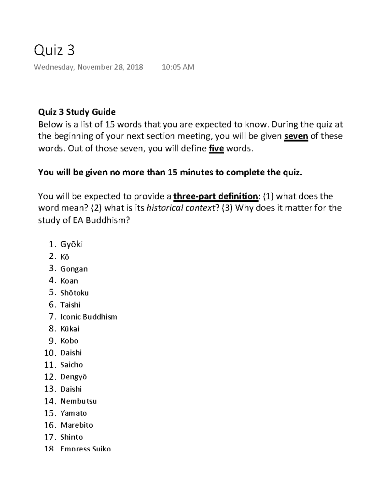Quiz 3 - Quiz 3 Study Guide - Quiz3 Study Guide Below is a list of 15 words that you are ...