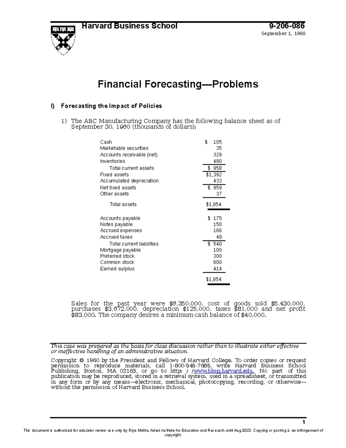 Financial forecasting Problems - 1 This document is authorized for educator review use only by ...