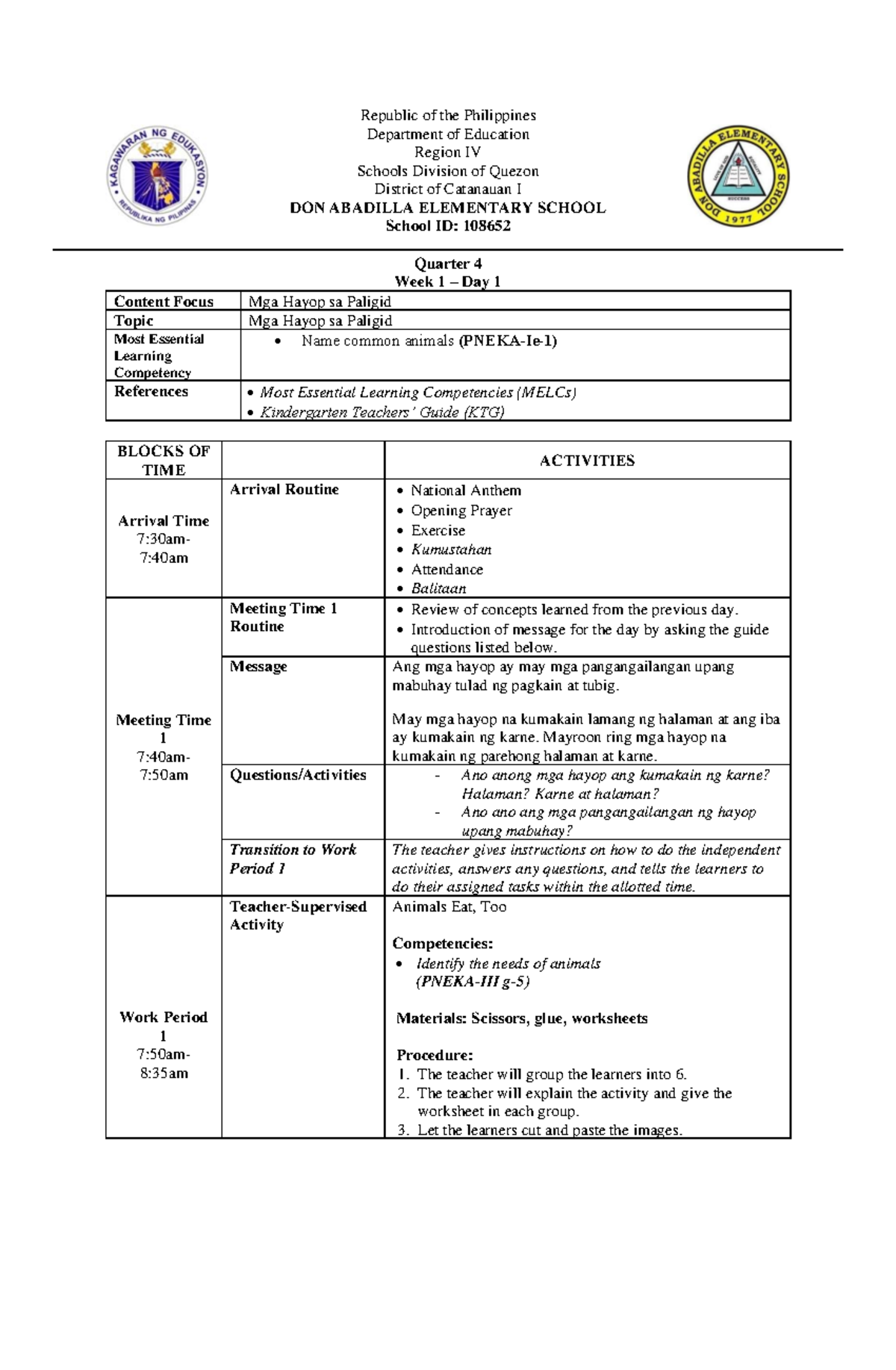 Lesson plan kinder - Republic of the Philippines Department of ...