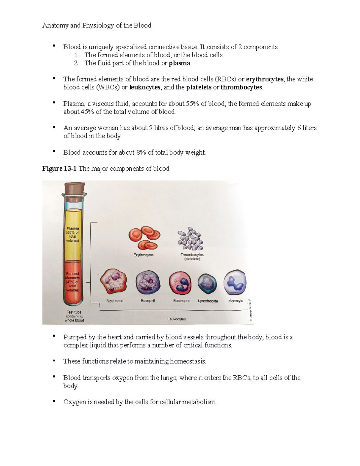 Anatomy and Physiology of the Blood - Blood is uniquely specialized ...