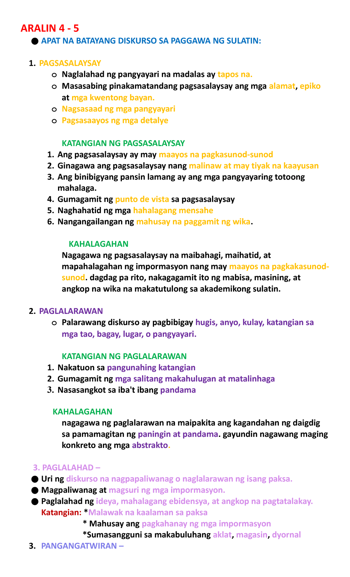 Filipino Reviewer Aralin 4 to 8 - ARALIN 4 - 5 APAT NA BATAYANG DISKURSO SA PAGGAWA NG SULATIN ...