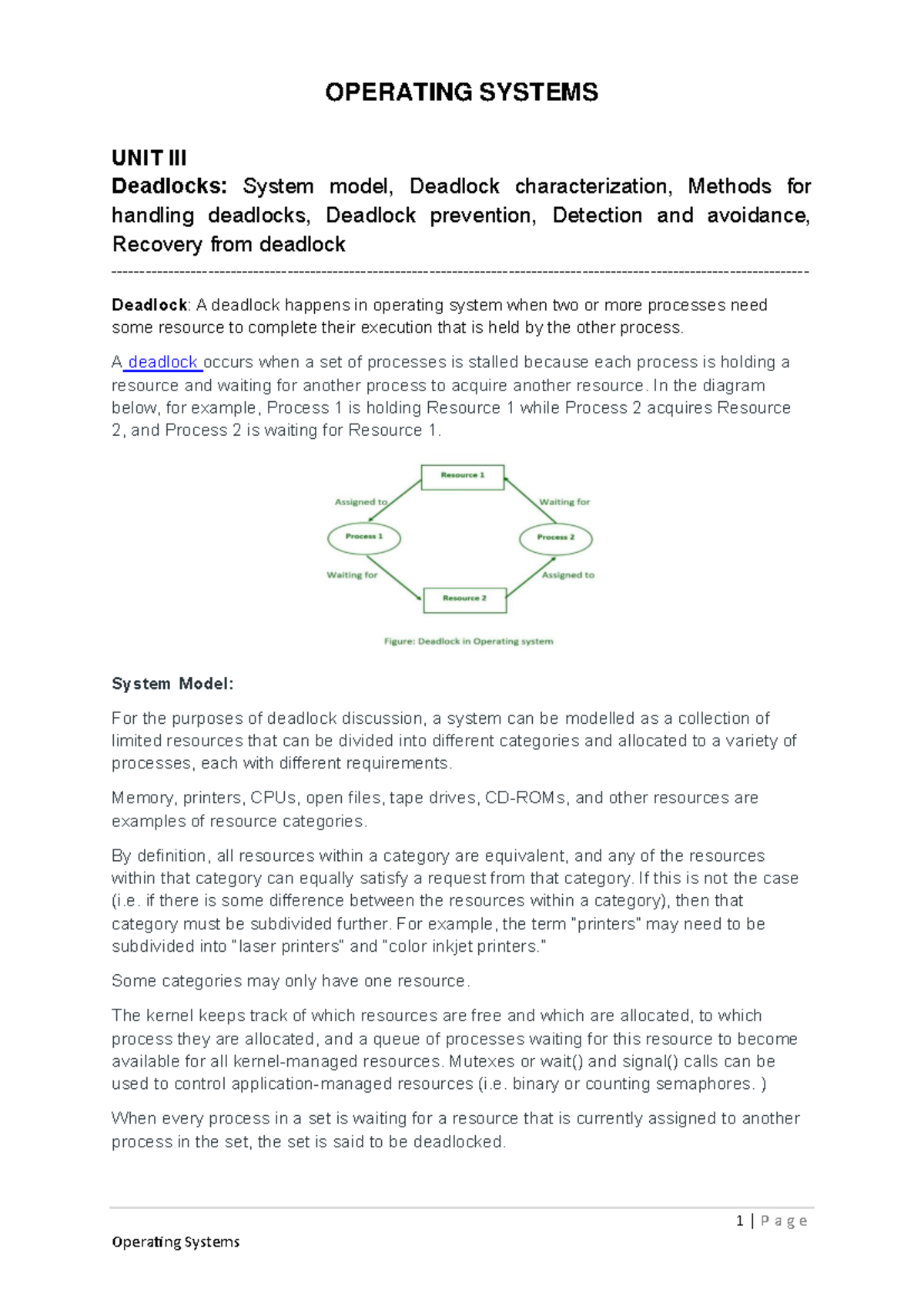 OS UNIT III Notes - 1 | P a g e OPERATING SYSTEMS UNIT III Deadlocks ...