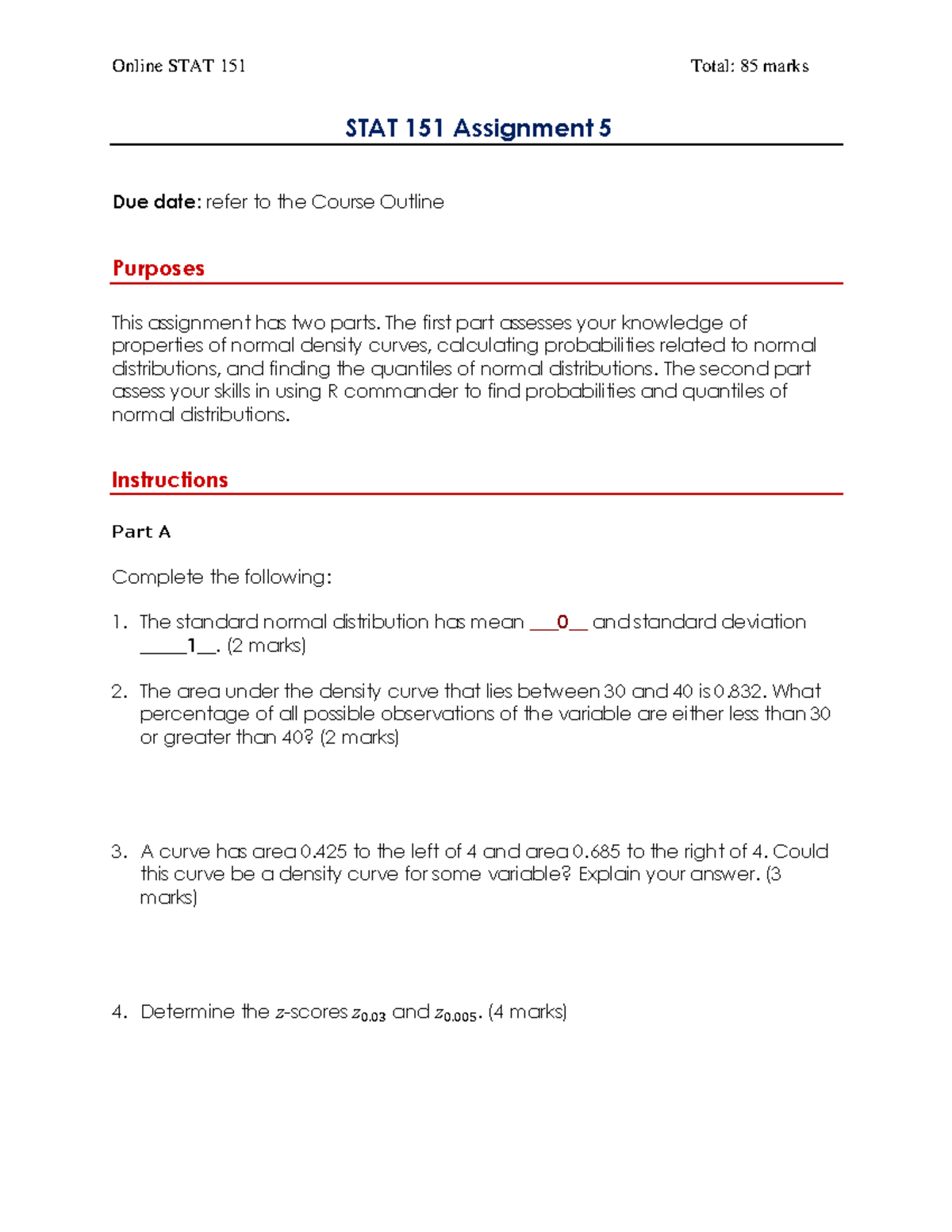 Stat151 Assignment 5 Notes Stat 151 Assignment 5 Due Date Refer To The Course Outline