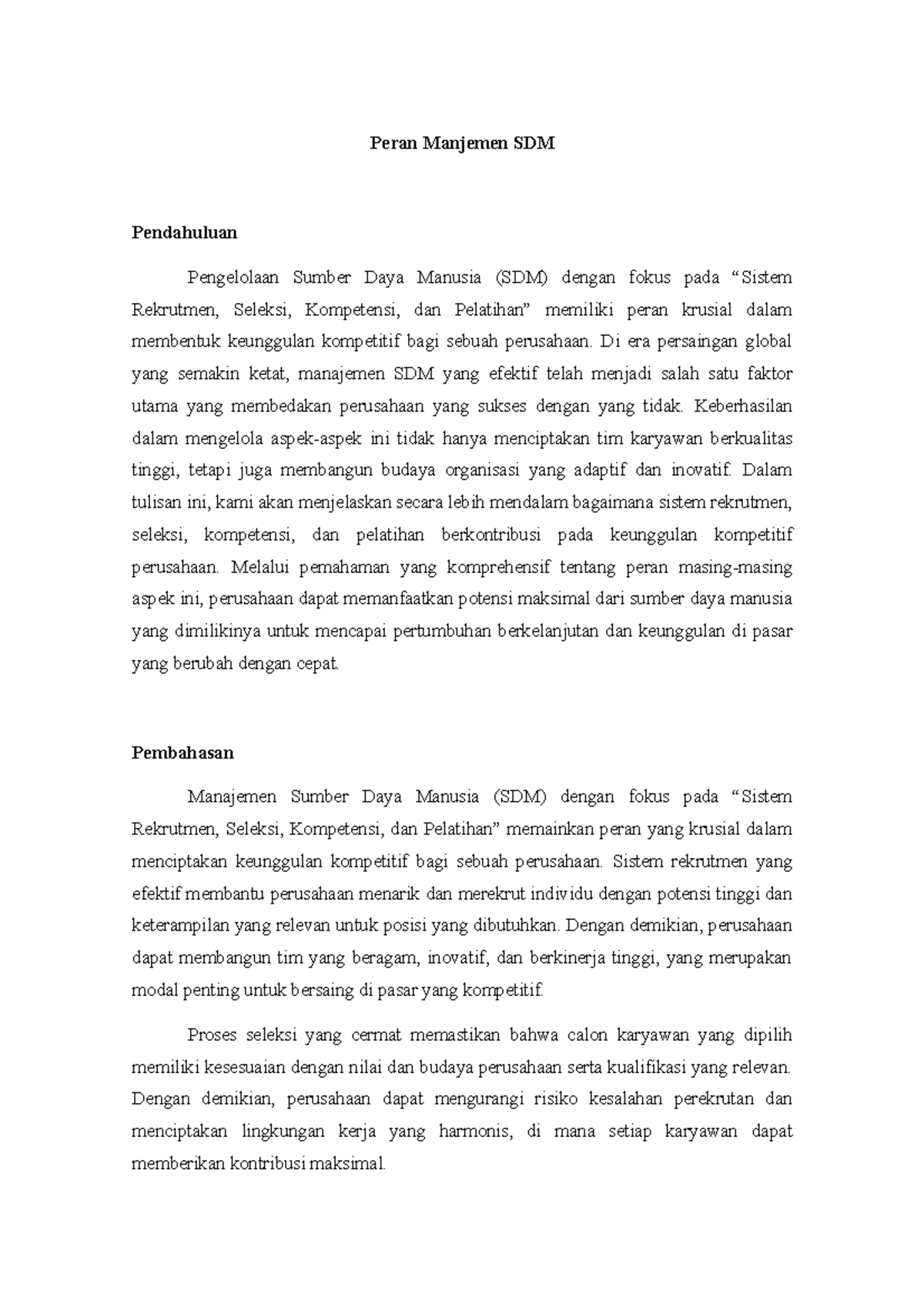 Manajemen SDM - Peran Manjemen SDM Pendahuluan Pengelolaan Sumber Daya ...