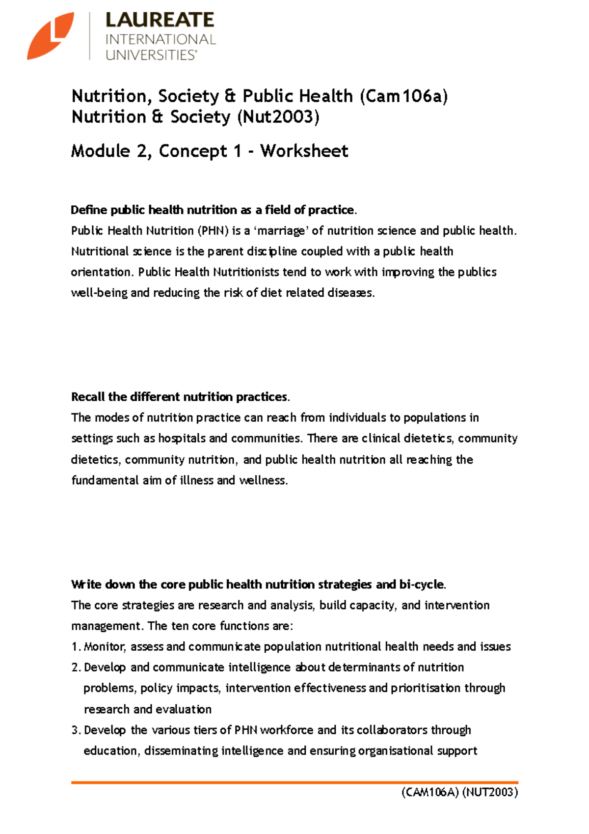 Wk2 c1 - Week 2, Worksheet 1, focusing on public health nutrition ...