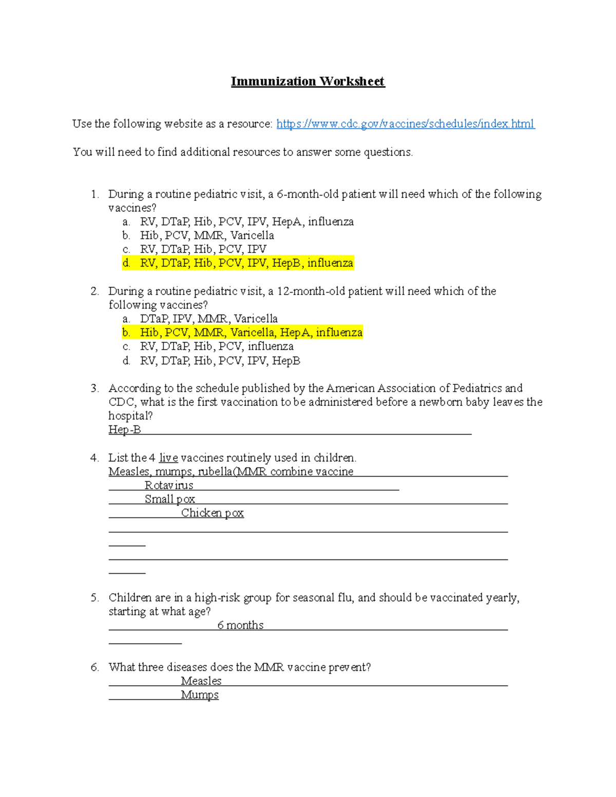 Immunization Worksheet A Student R - Immunization Worksheet Use the ...