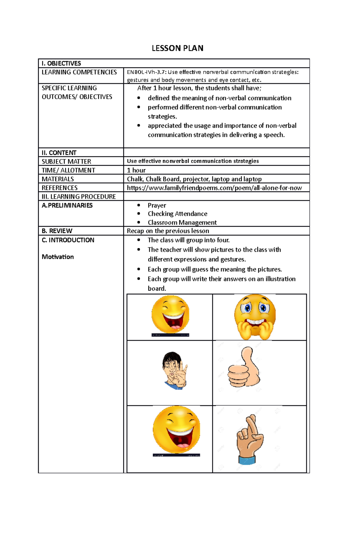 Non Verbal Comminucation - LESSON PLAN I. OBJECTIVES LEARNING ...