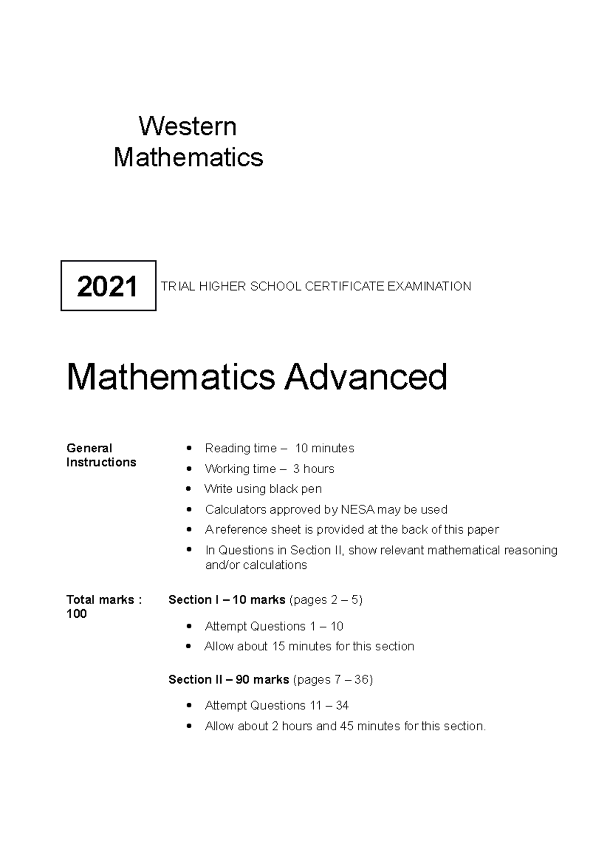 WME 2021 ADV Questions Mathematics ADV Practice Trial Paper Western
