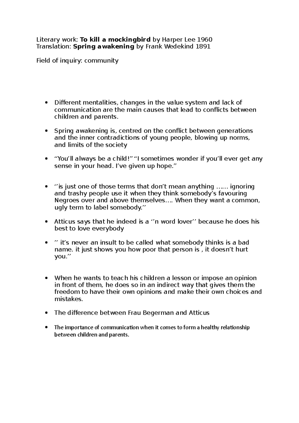 Outline - dwdfwf - Literary work: To kill a mockingbird by Harper Lee ...