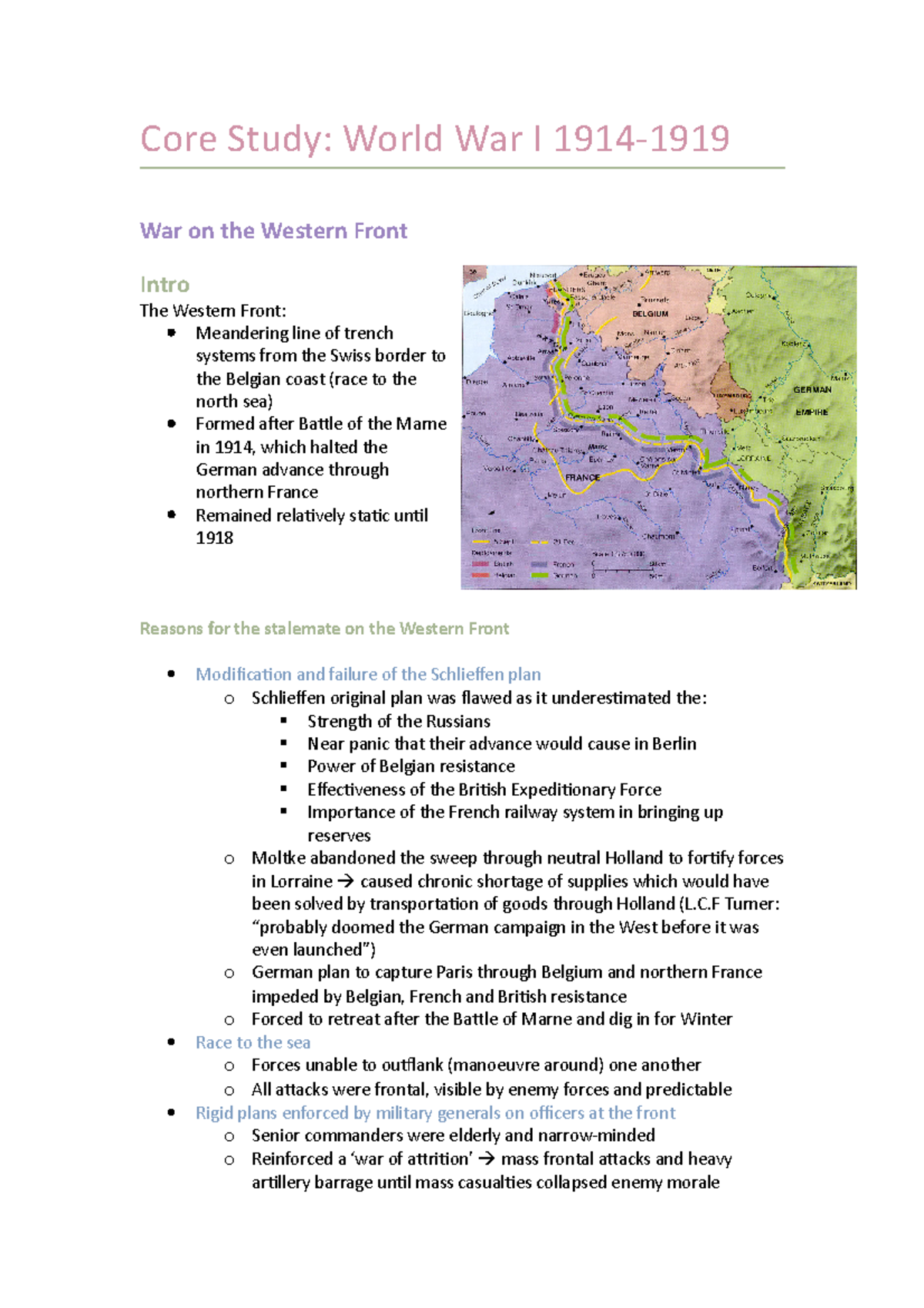 World War 1 notes - history - Core Study: World War I 1914- War on the ...