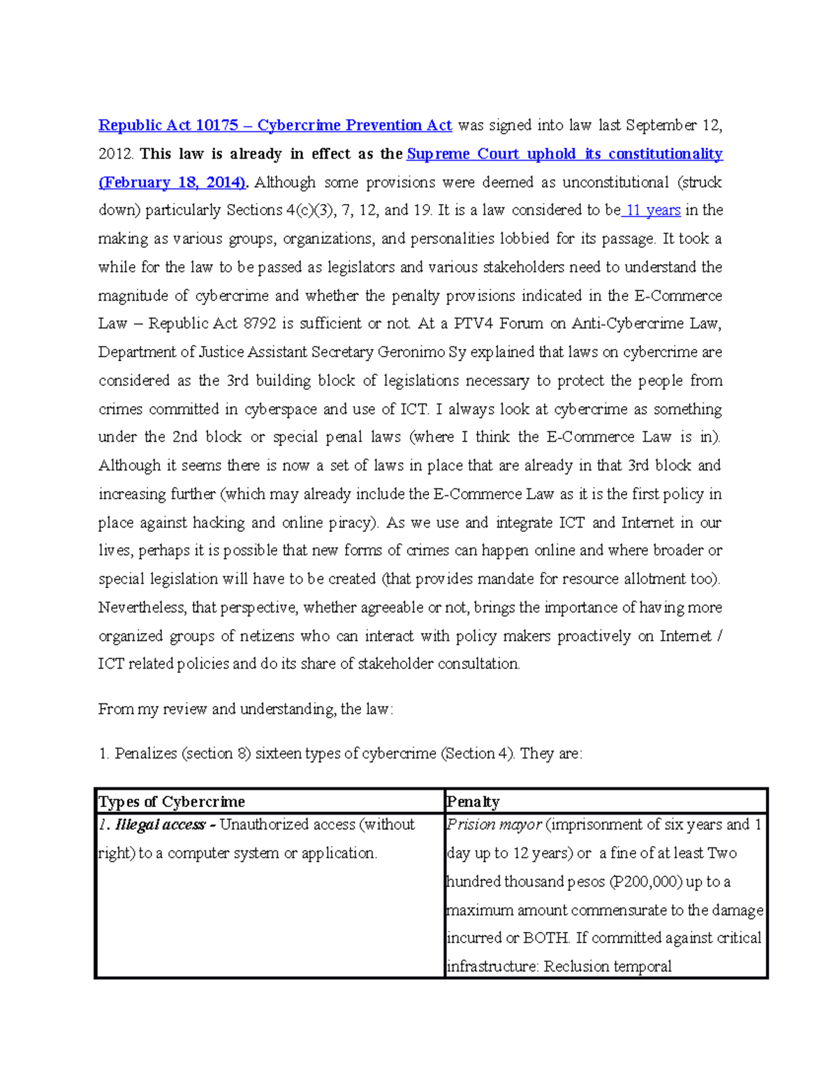 Republic Act 10175 - Republic Act 10175 – Cybercrime Prevention Act was ...