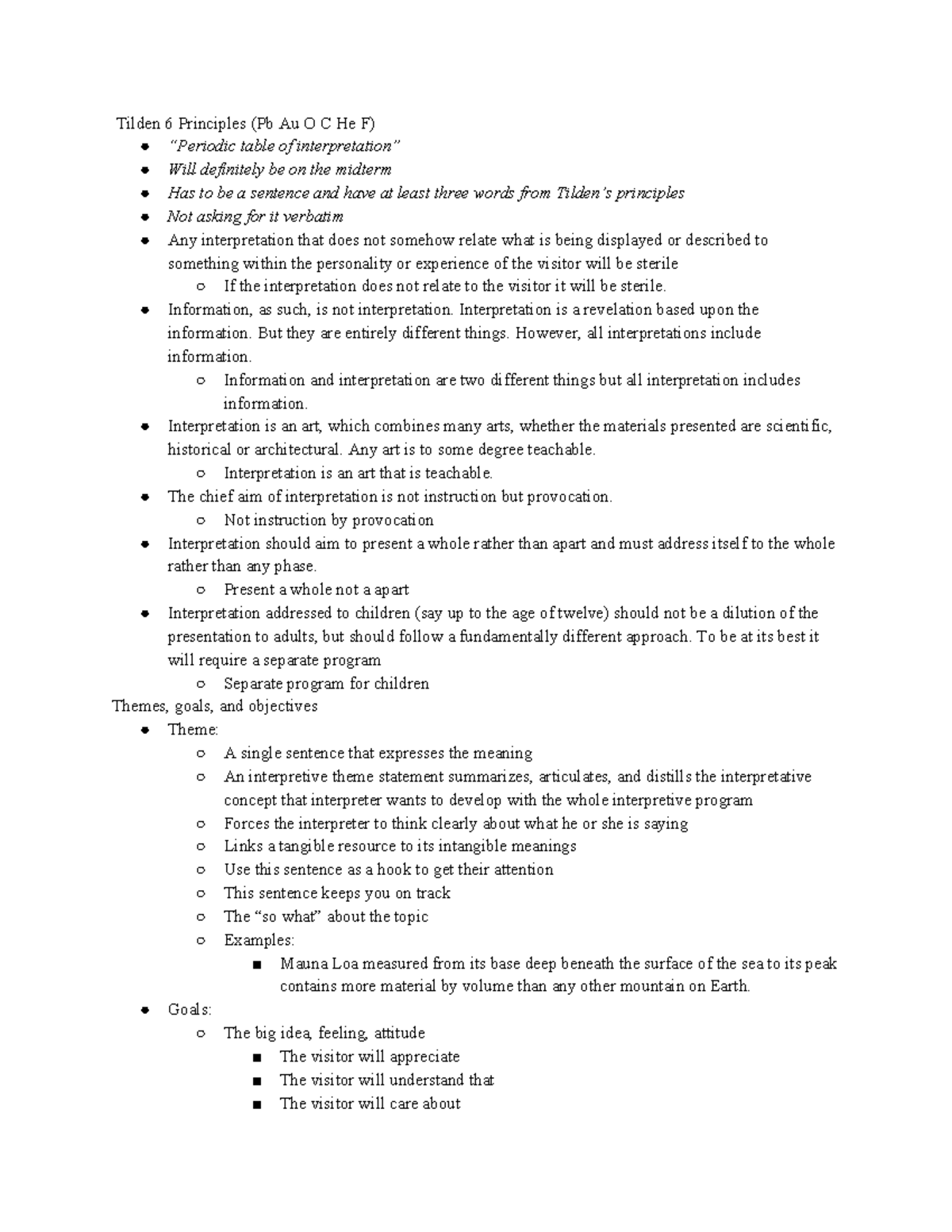 Interp midterm review - Lecture notes 1-10 - Tilden 6 Principles (Pb Au ...