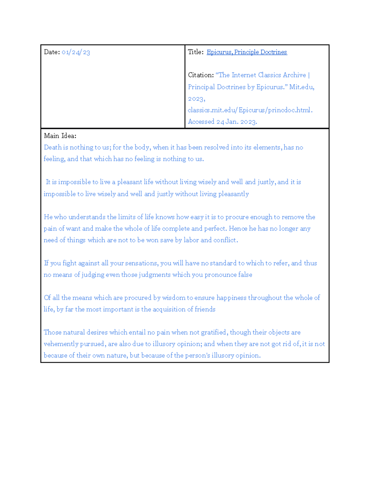 Epicurus, Principle Doctrines - Date: 01/24/23 Title: Epicurus ...