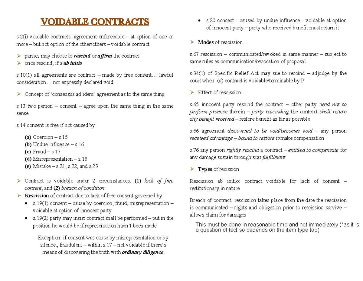 Contract II revision notes all - VOIDABLE CONTRACTS s(i) voidable ...