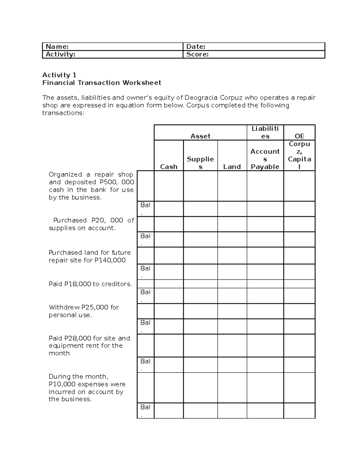 Exercise 2 Accounting Equation - Name: Date: Activity: Score: Activity ...