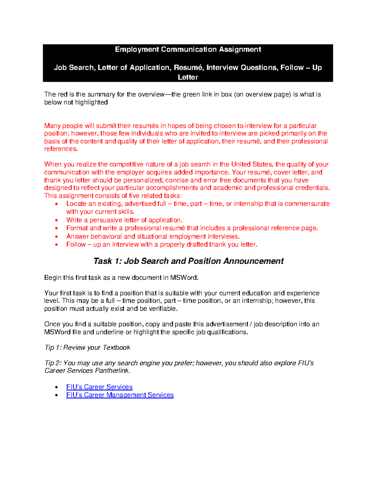 Resume Packet Instructions - Employment Communication Assignment Job ...