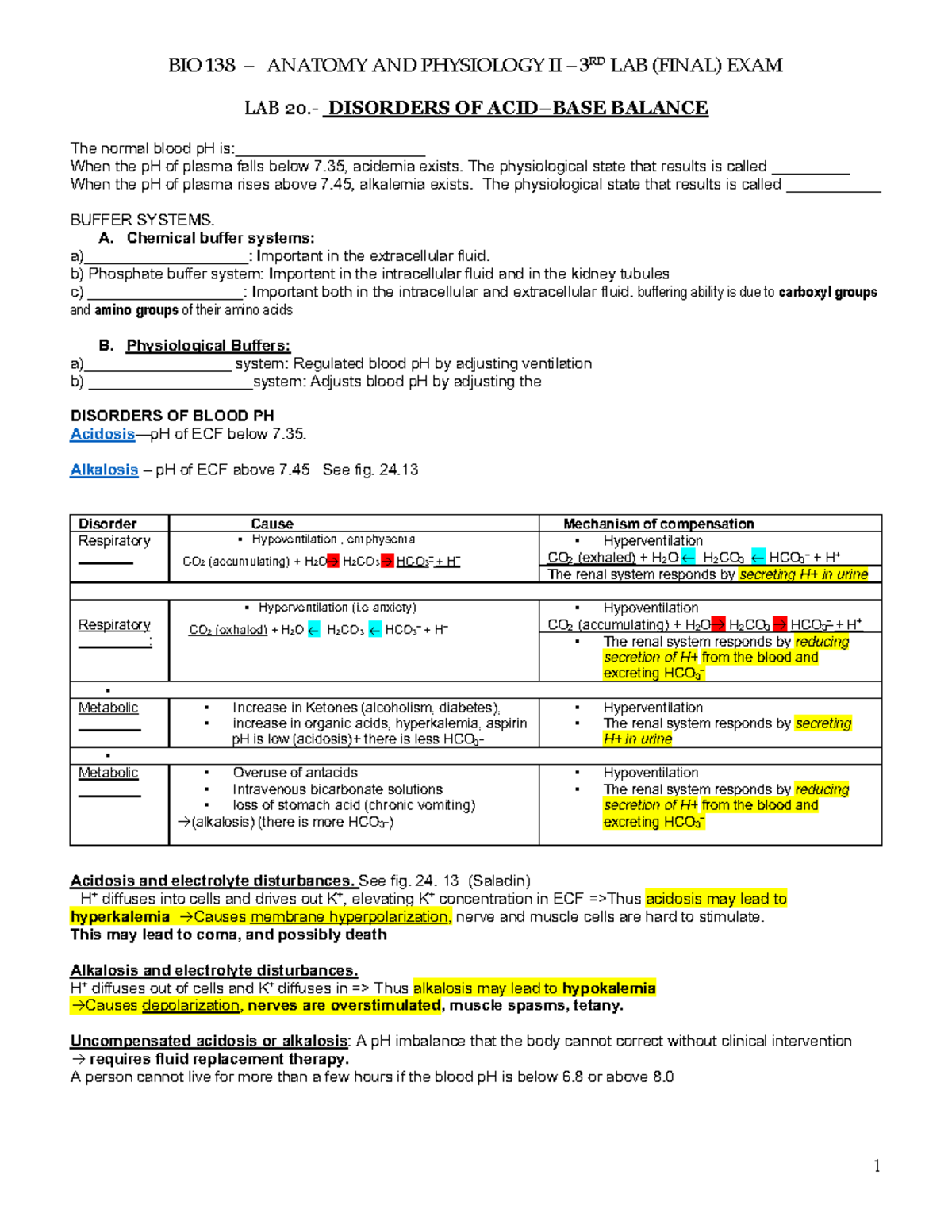 20. BIO 138 FA23 - LAB 20 ACID-BASE Balance - 1 BIO 138 – ANATOMY AND ...