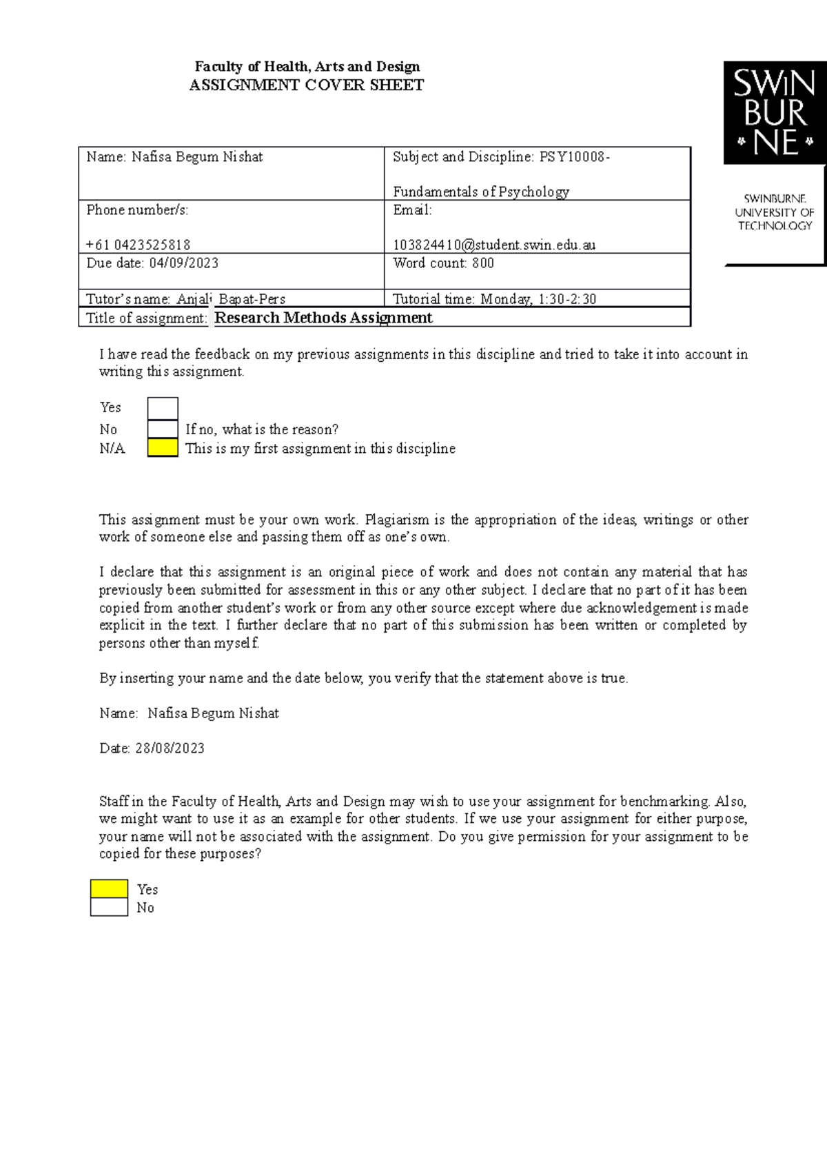 Funadamentals of Psychology - Faculty of Health, Arts and Design ...