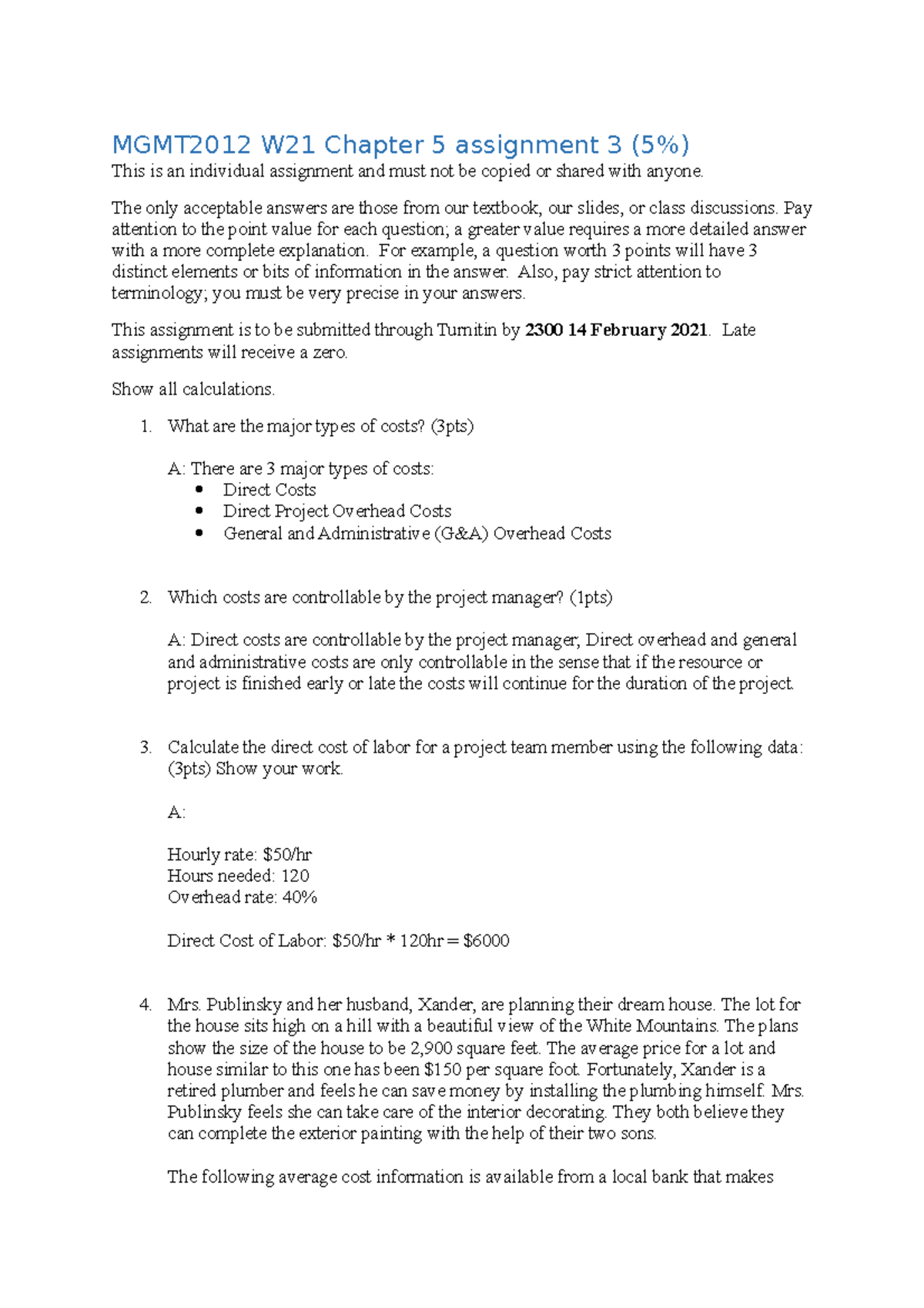 Assignment 3 Calculate The Direct Cost Of Labor For A Project Team