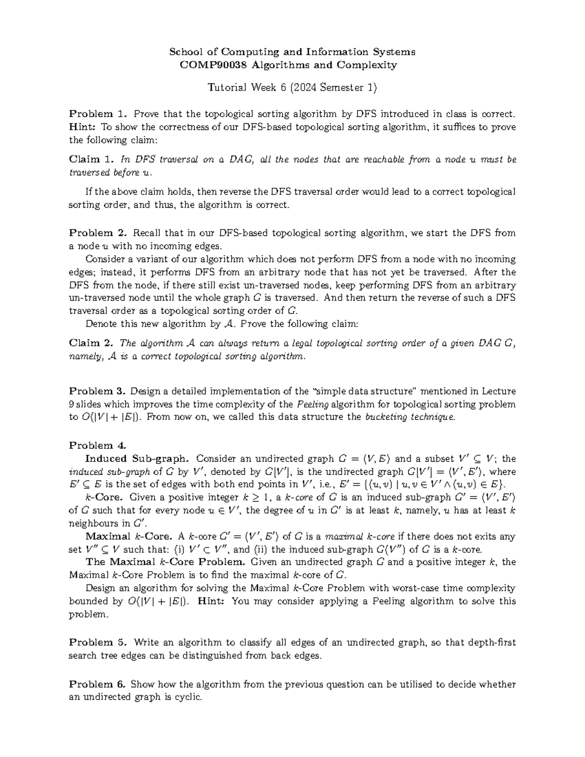Jh-week06-questions - School of Computing and Information Systems COMP90038 Algorithms and - Studocu