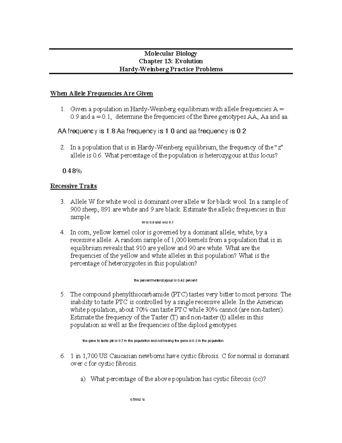 Hardy Weinberg Problems - Molecular Biology Chapter 13: Evolution Hardy ...
