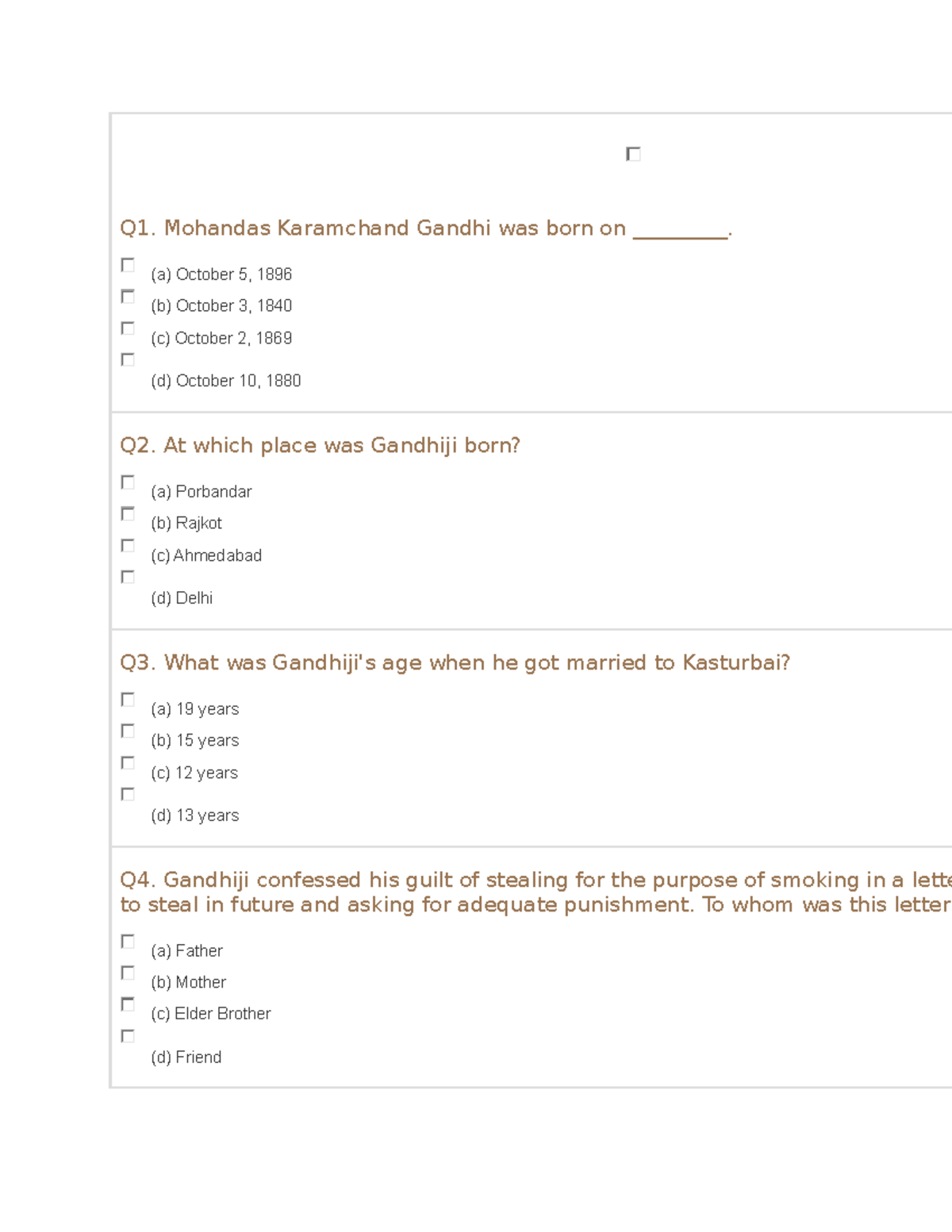 Quiz competion 2021 - Q1. Mohandas Karamchand Gandhi was born on ...