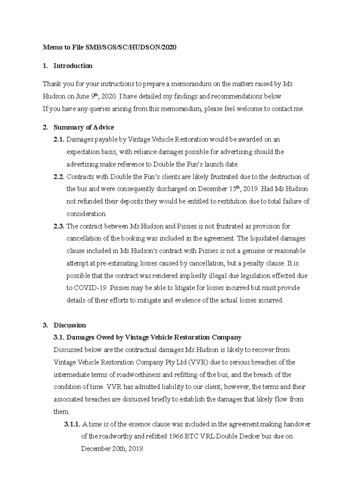 Semester One 2020 Exam Answer - Memo to File SMB/SGS/SC/HUDSON ...