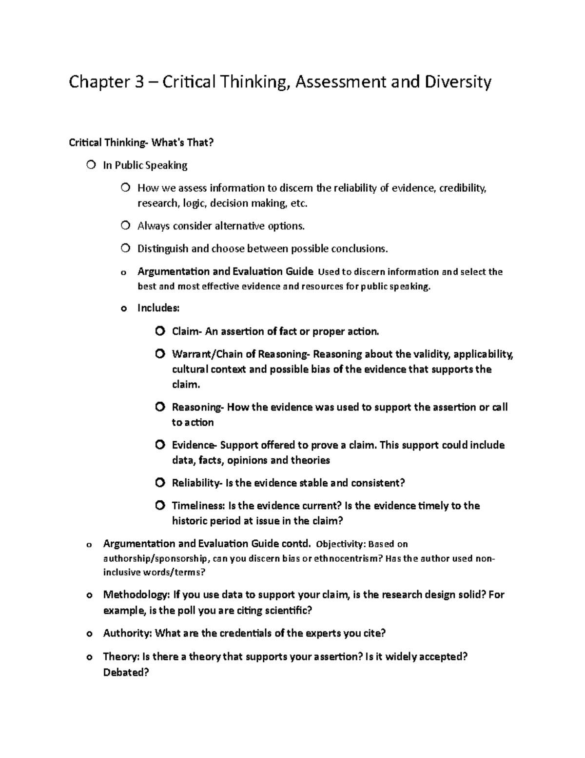 Chapter 3 - Chapter 3 – Critical Thinking, Assessment and Diversity ...
