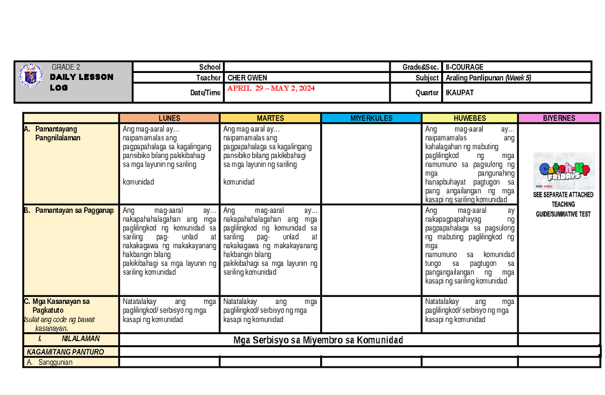 Q4 DLL AP2 WEEK-5 - For Aral pan lessons. - GRADE 2 DAILY LESSON LOG ...