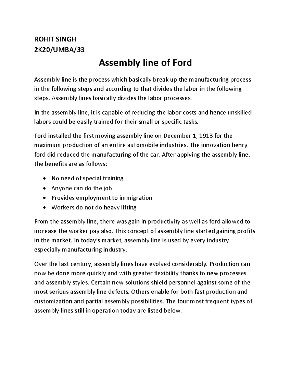 Assembly line of Ford - ROHIT SINGH 2K20/UMBA/ Assembly line of Ford ...
