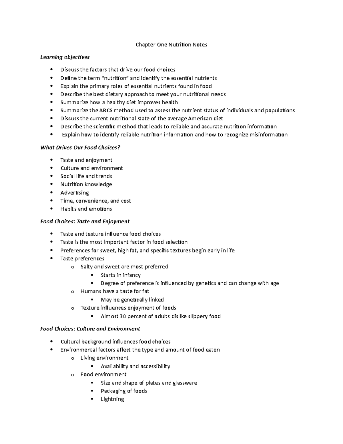 Chapter One Nutrition Notes - Chapter One Nutrition Notes Learning ...