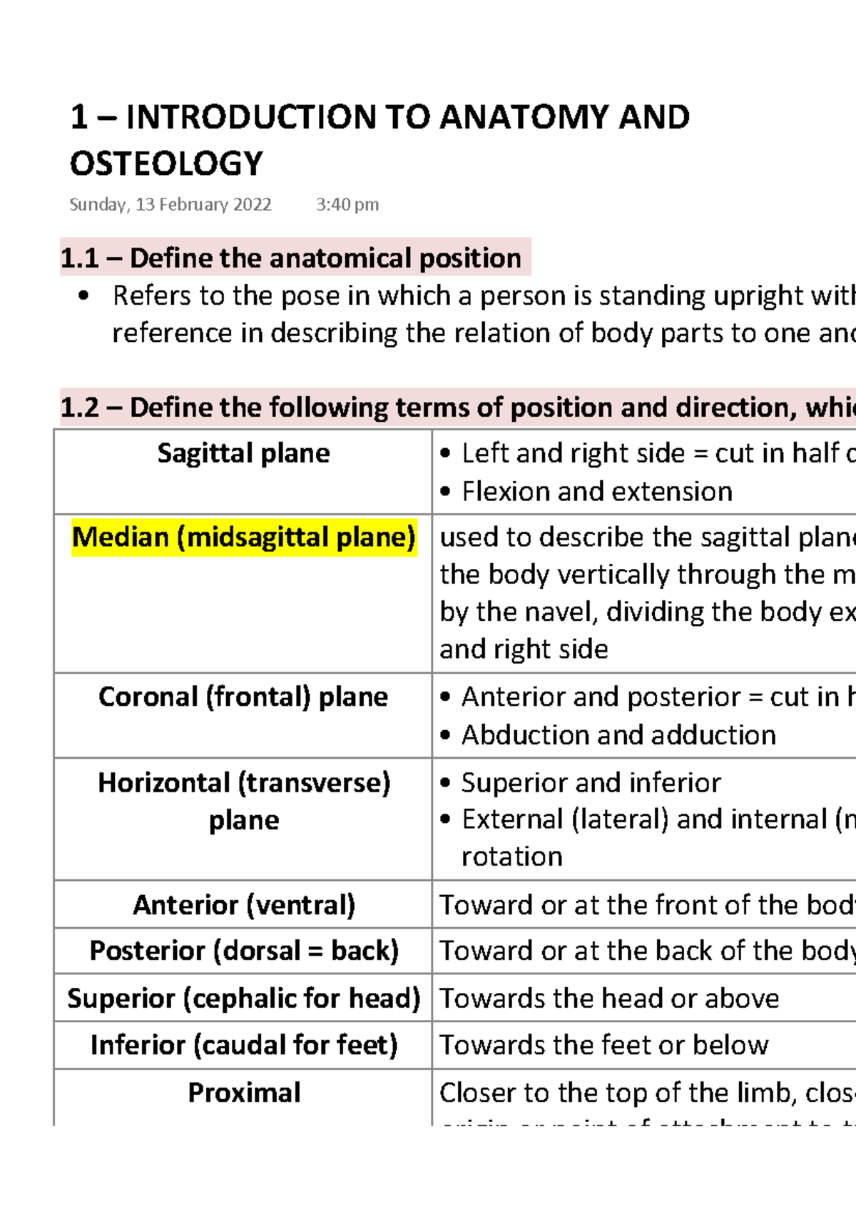 1 – Introduction TO Anatomy AND Osteology - 1 – Define the anatomical ...