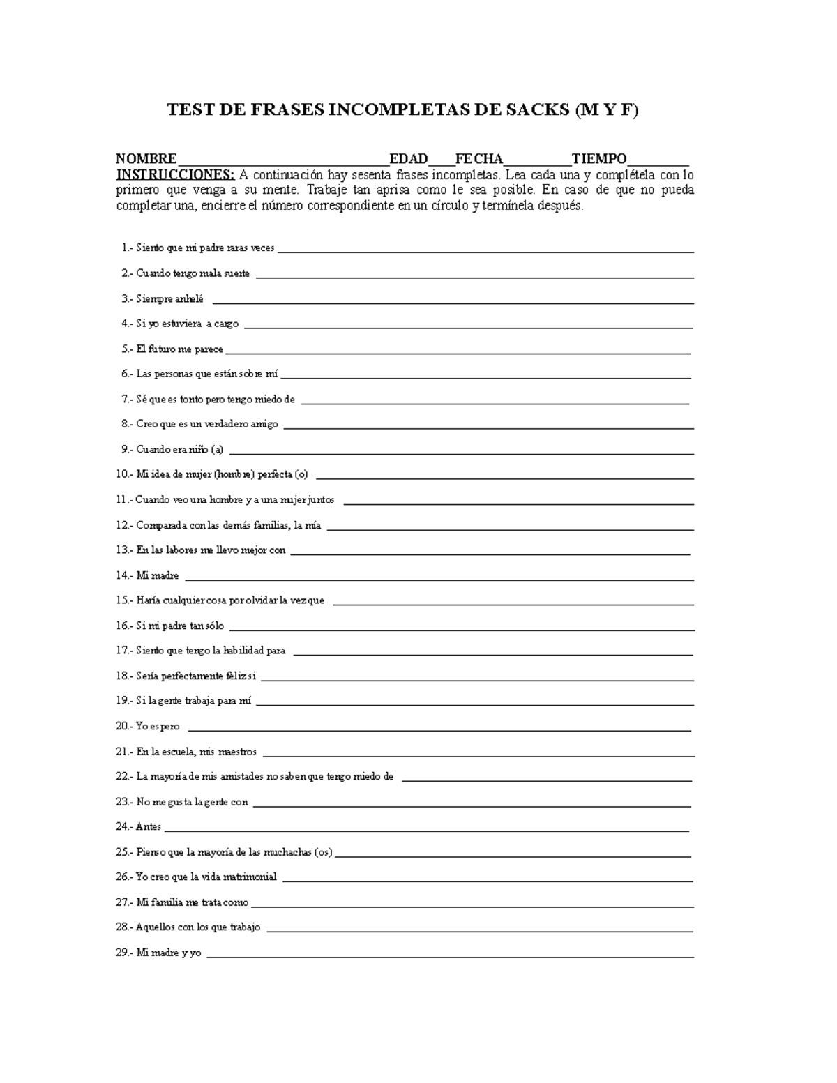 TEST- Sacks-PARA- Adultos - TEST DE FRASES INCOMPLETAS DE SACKS (M Y F ...