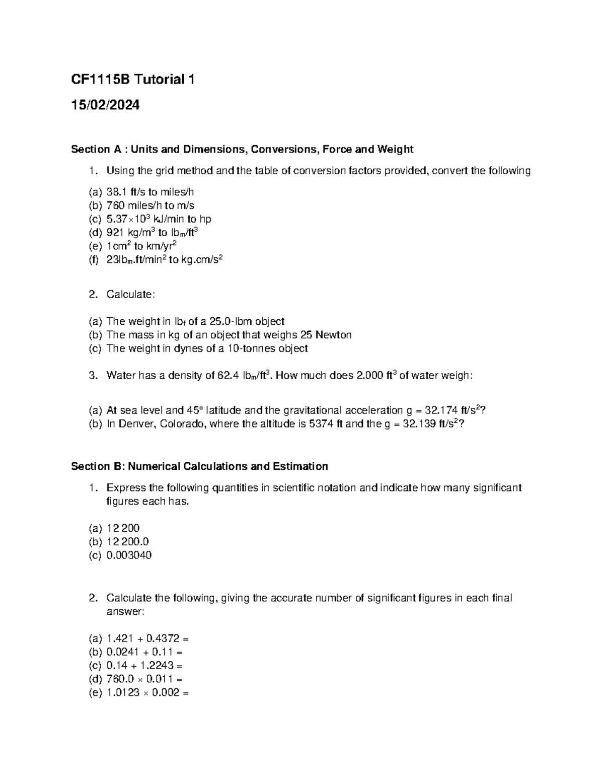 Tutorial 1 2024 - Copy - CF1115B Tutorial 1 15/02/ Section A : Units and Dimensions, Conversions ...