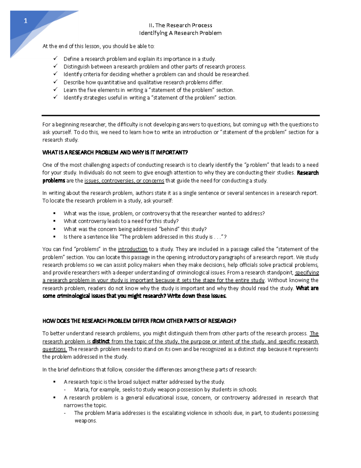 Module 3 research methods - CII. II. The Research Process Identifying A ...