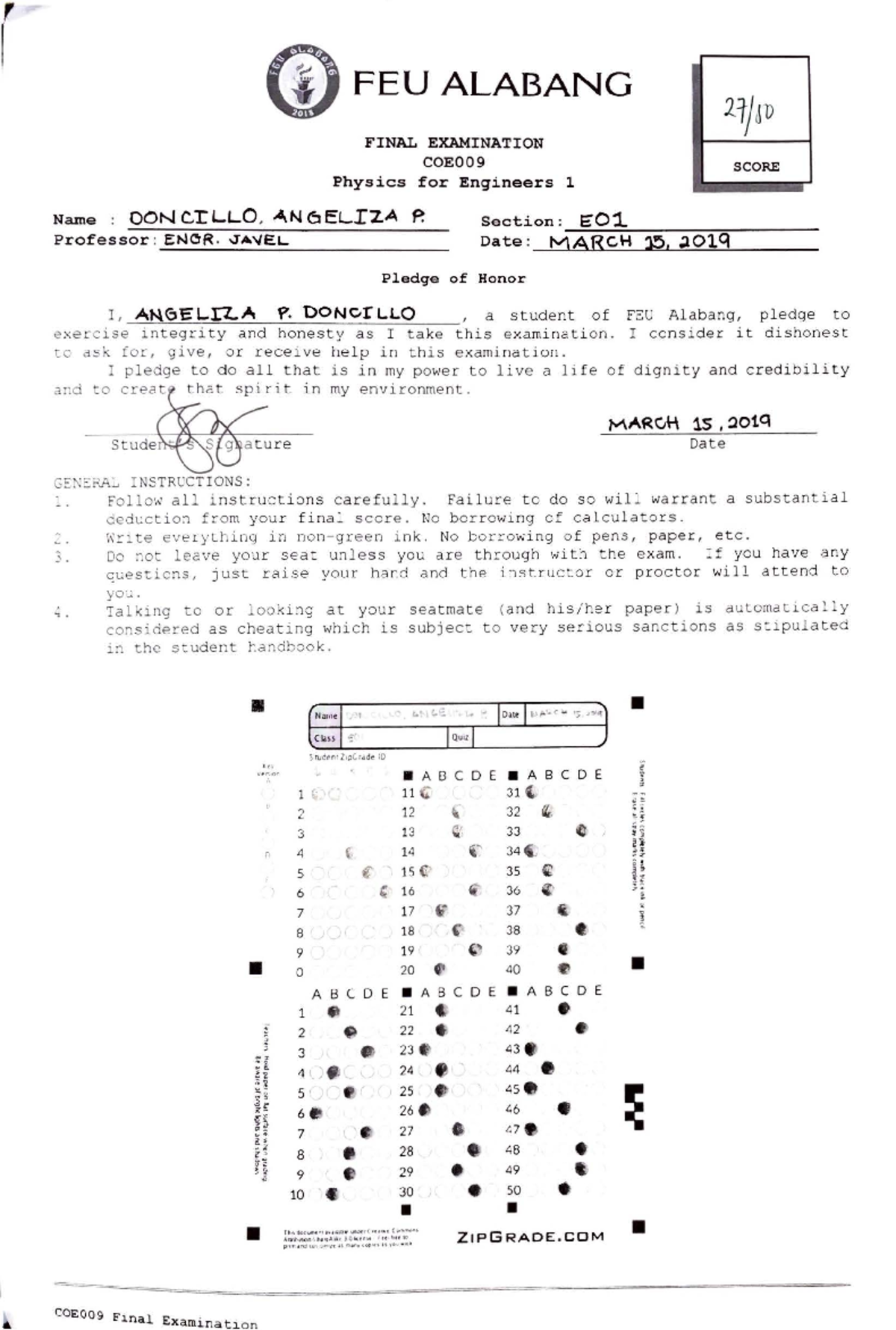 EO1 Doncillo FE - FE EXAM - r ..., © FEU ALABANG FINAL EXAMINATION COE ...