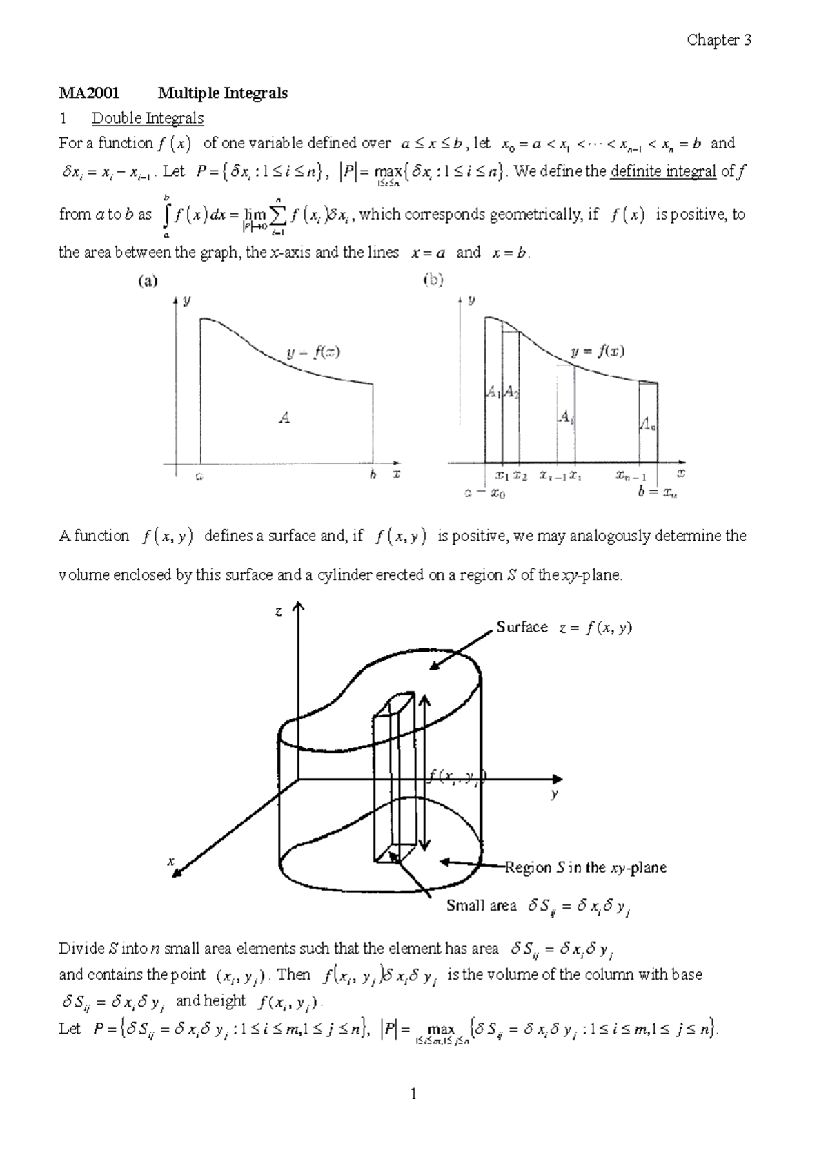 Chapter 3 - Multiple Integrals - MA 2001 Multiple Integrals 1 Double Integrals For a function f ...