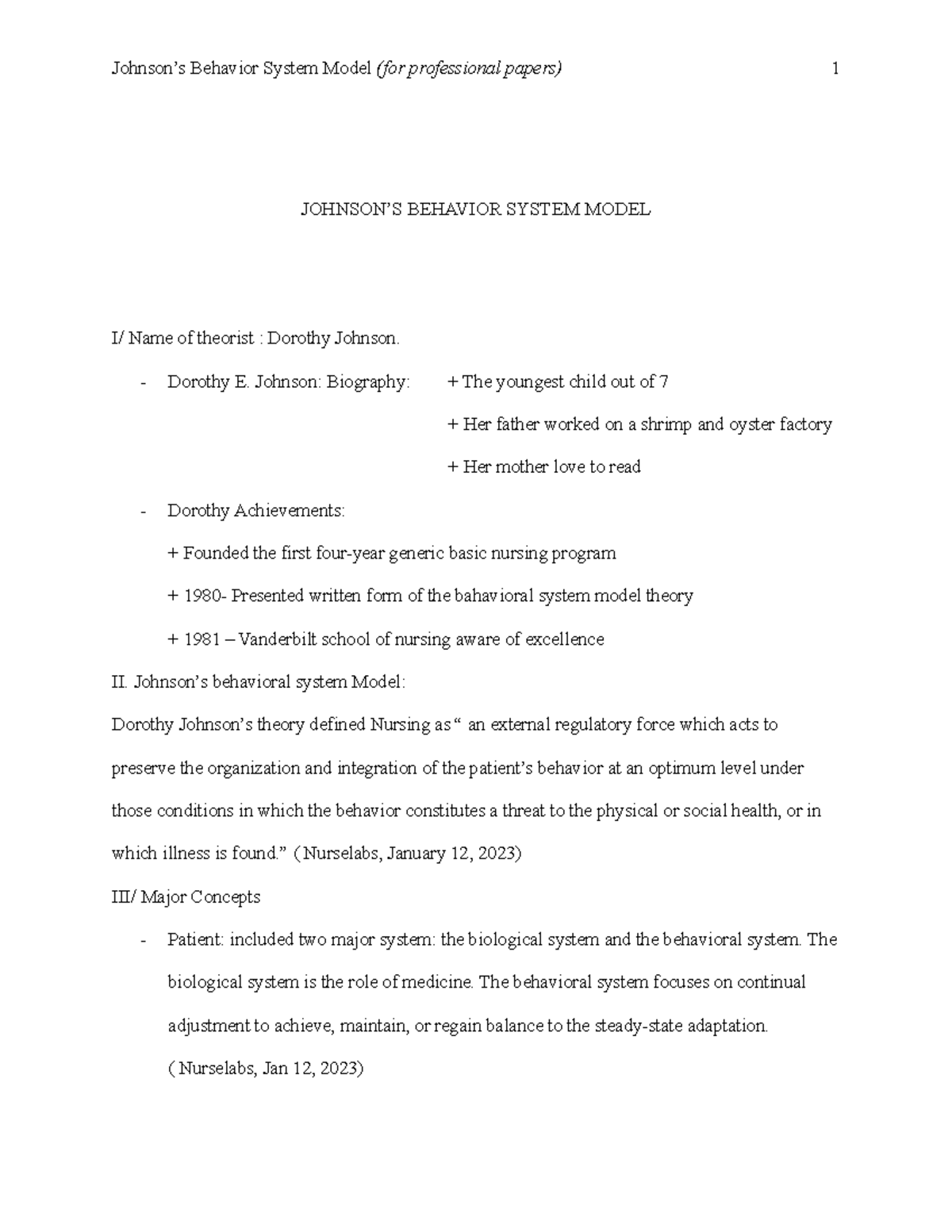 Research Paper- TEST - JOHNSON’S BEHAVIOR SYSTEM MODEL I/ Name of ...