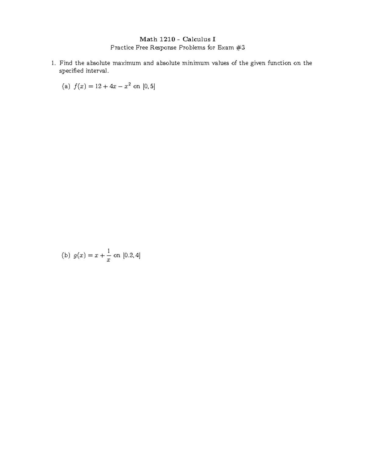 1210 Exam 3 Practice Problems - Math 1210 - Calculus I Practice Free ...