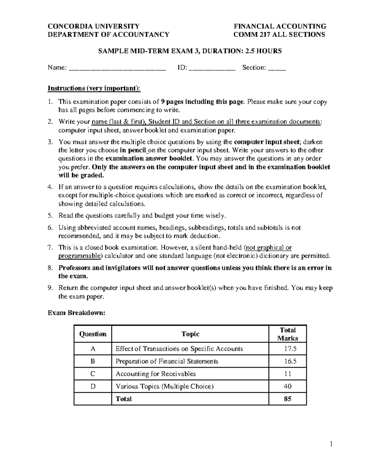Sample of Midterm Exam - CONCORDIA UNIVERSITY FINANCIAL ACCOUNTING ...