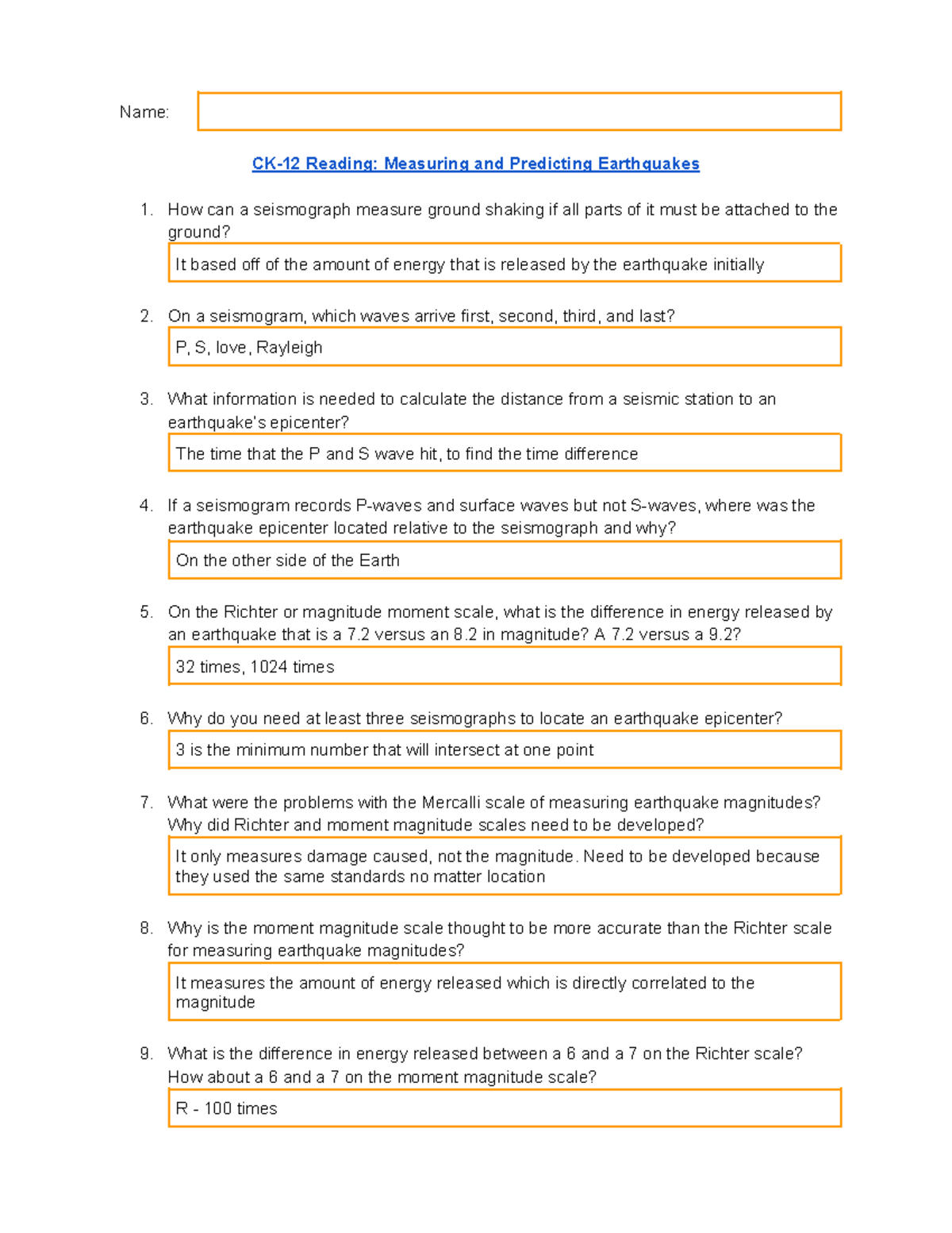 CK-12 Reading Measuring and Predicting Earthquakes - Name: CK-12 ...
