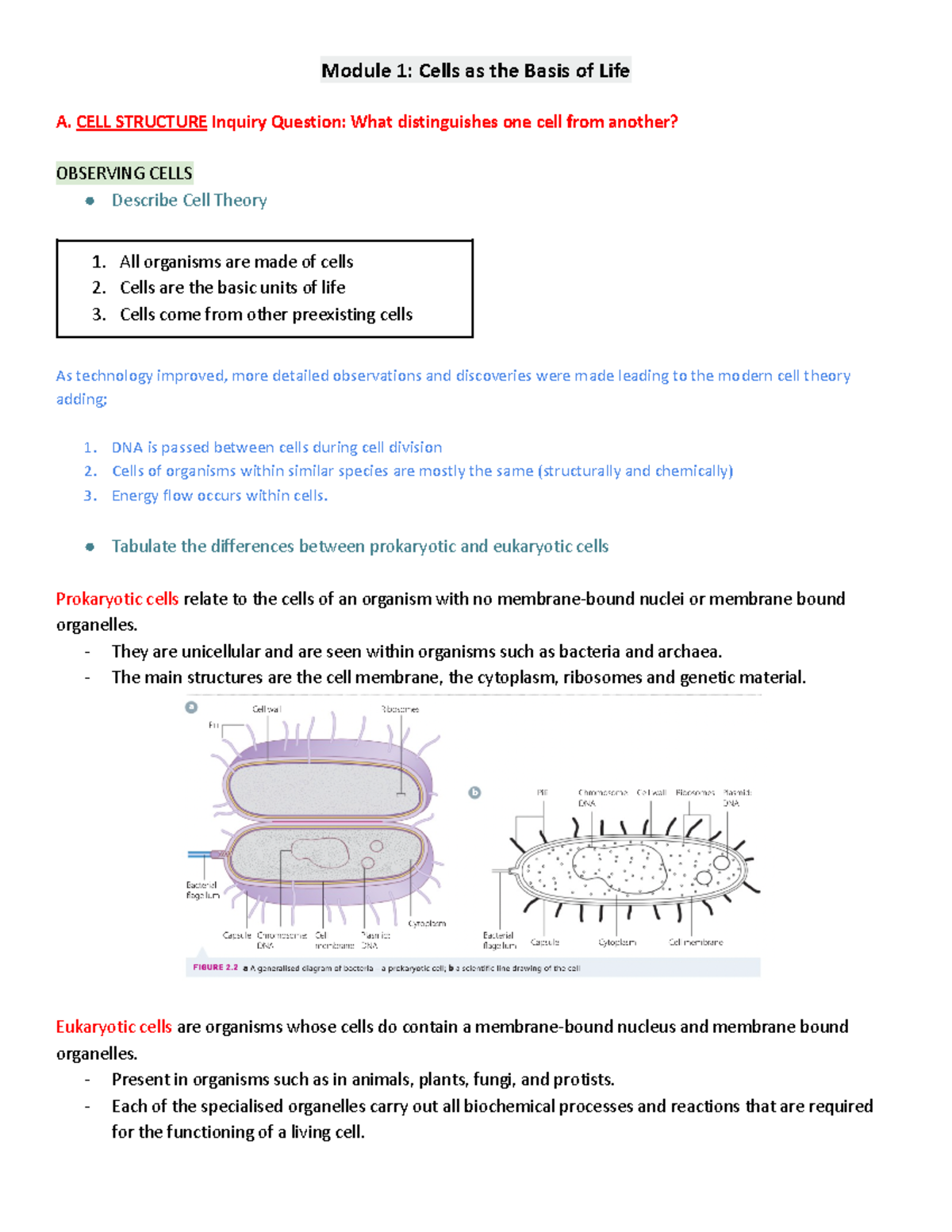 Summary Notes Year 11 Biology - Module 1: Cells as the Basis of Life A ...