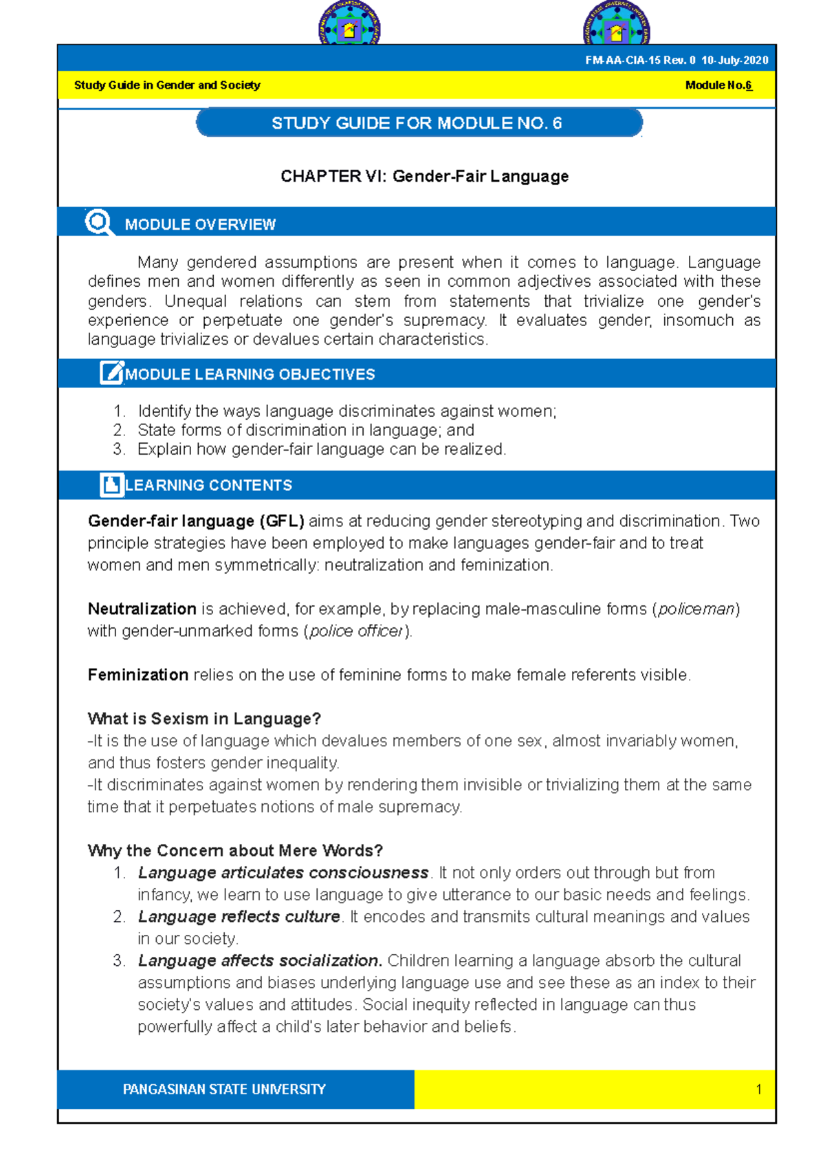 GEE2-Module-6 Gender-fair-Language - CHAPTER VI: Gender-Fair Language ...