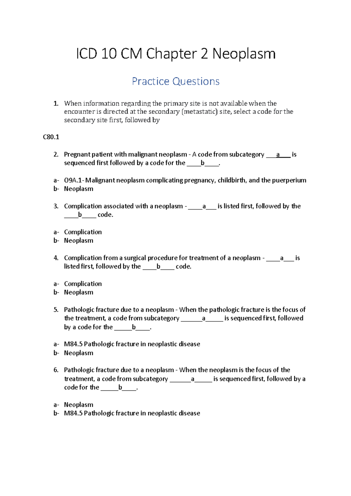 CPC ICD 10 CM - Chapter 2 Neoplasm - Practice Questions Quiz - ICD 10 CM Chapter 2 Neoplasm ...