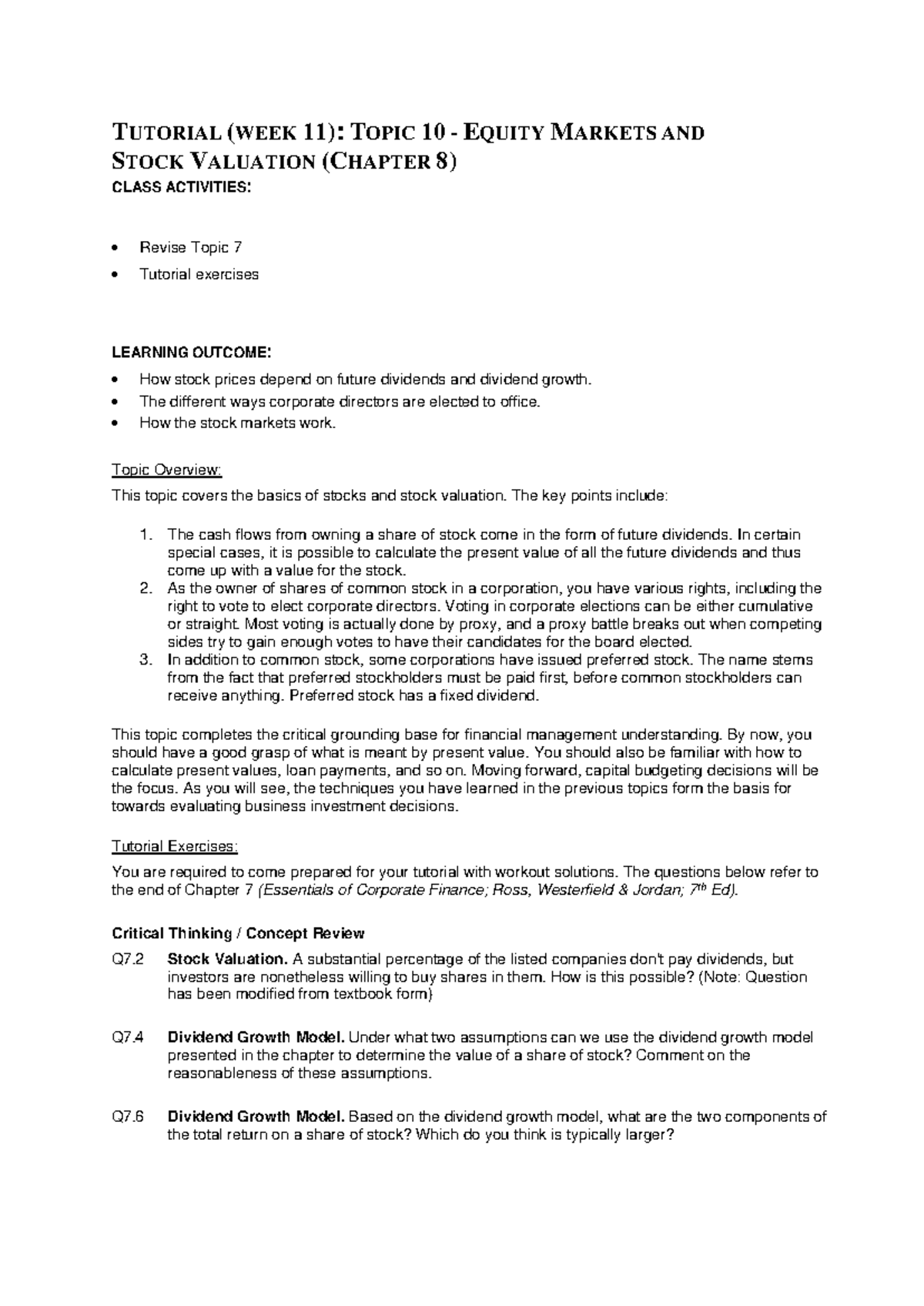 Tutorial 10 Questions - equity markets and stock evaluation - TUTORIAL (WEEK 11 ): TOPIC 10 ...
