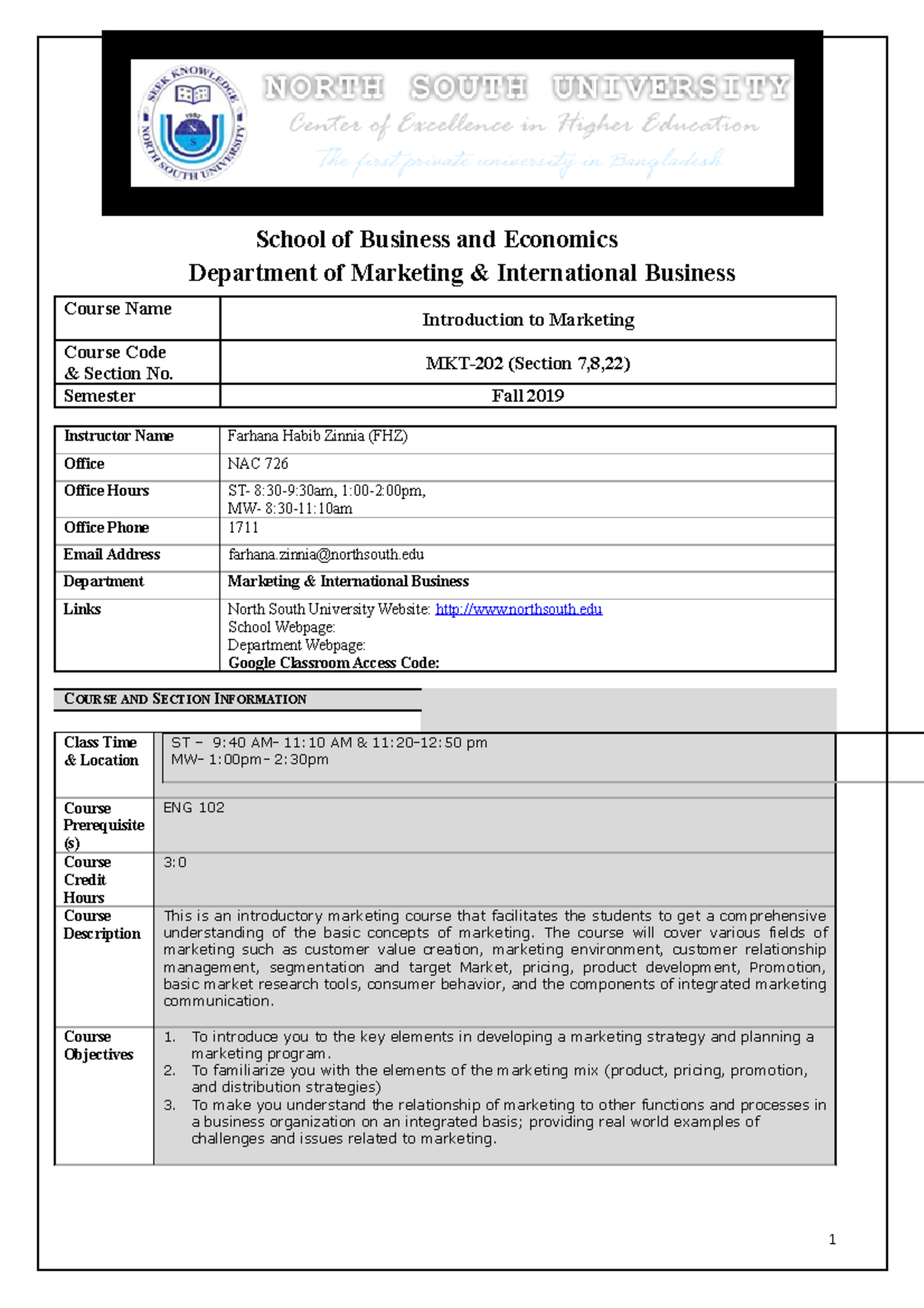 New course outline MKT 202 Fall 2019 - principle of marketing - NSU ...