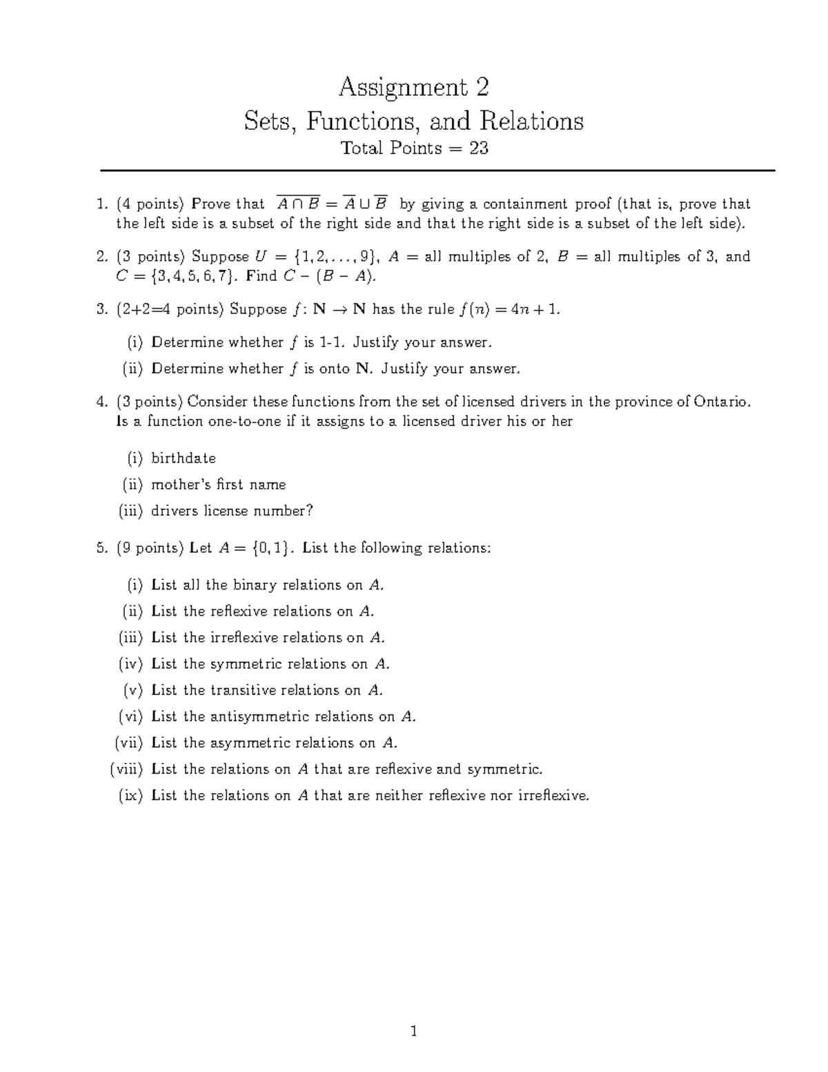 Assignment 2 - v gbhb hjnnhbnjnhjin - Assignment 2 Sets, Functions, and Relations Total Points ...