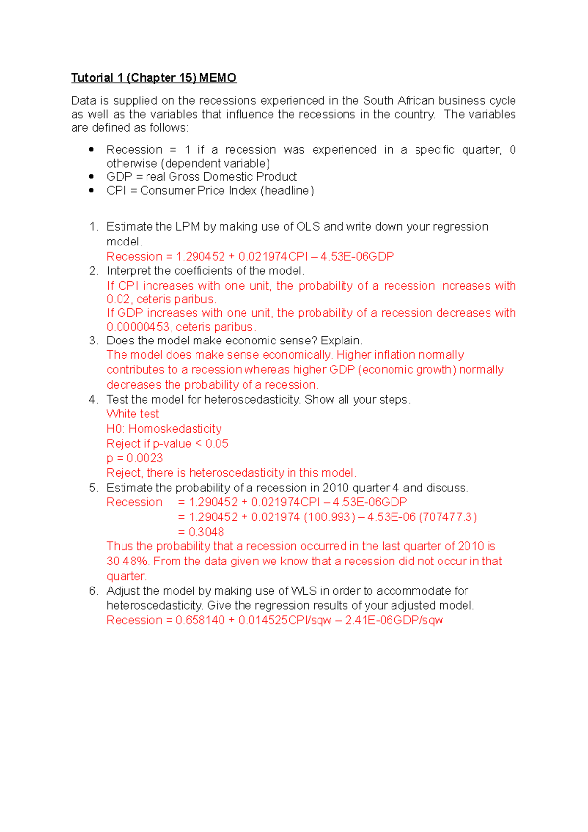 Tutorial 1 Memo - Qualitative response regression models - Tutorial 1 ...